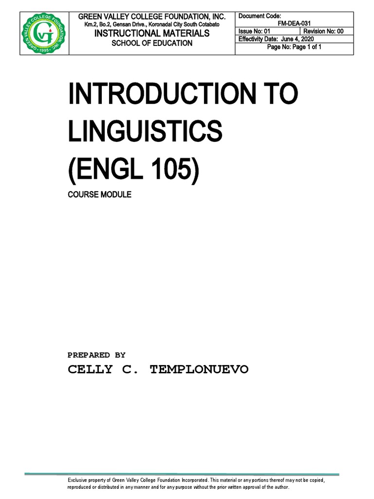 Introduction To Linguistics (ENGL 105) : Celly C. Templonuevo | PDF ...