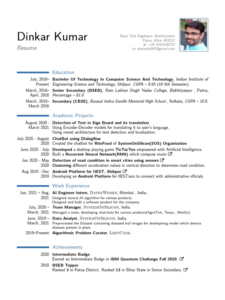 Dinkar Kumar Resume | PDF | Deep Learning | Intelligence (AI) & Semantics