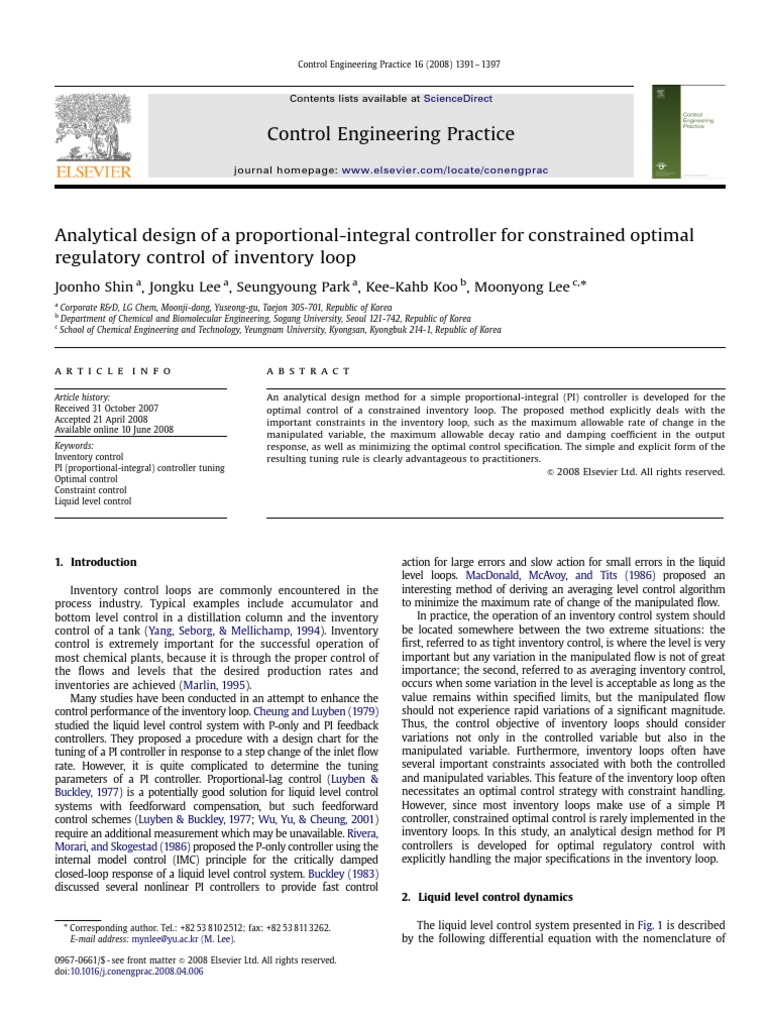 Analytical Design of a Proportional-Integral Controller for Constrained Optimal Regulatory ...