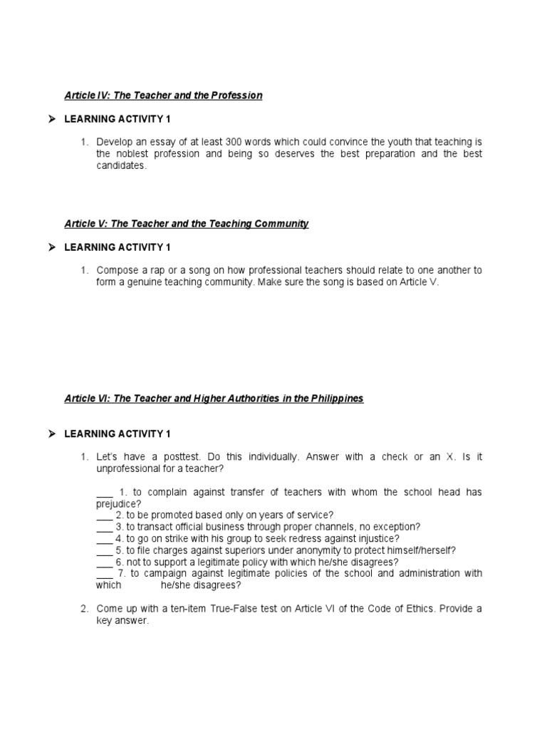 Learning Activity 1: Article IV: The Teacher and The Profession | PDF