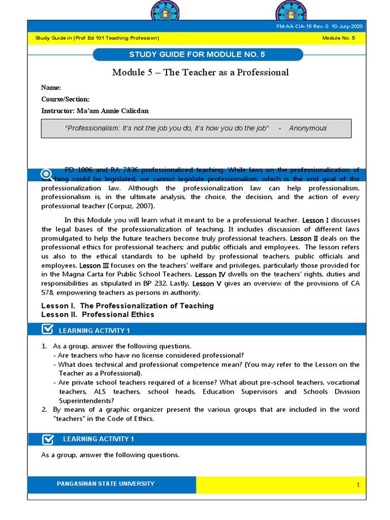 Module 5 - The Teacher As A Professional: Study Guide For Module No. 5 ...