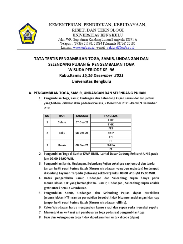 Tata Tertib Pengambilan Toga, Samir, Undangan, Selendang Pujian Dan ...