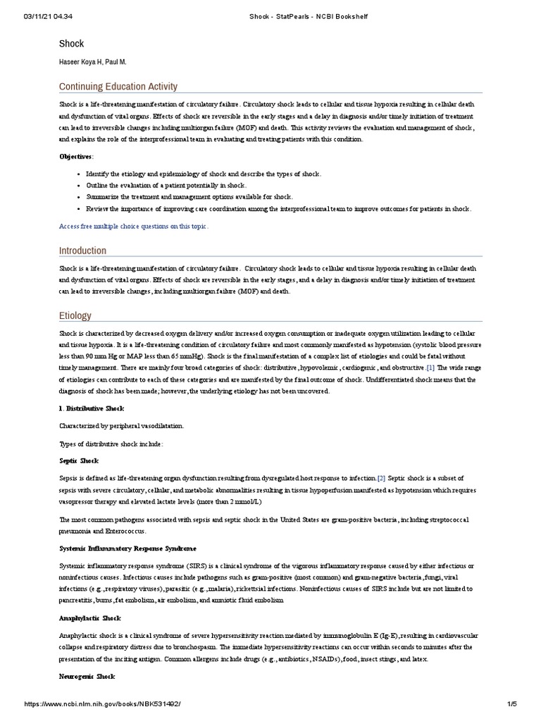 Shock - StatPearls - NCBI Bookshelf | PDF | Shock (Circulatory) | Heart