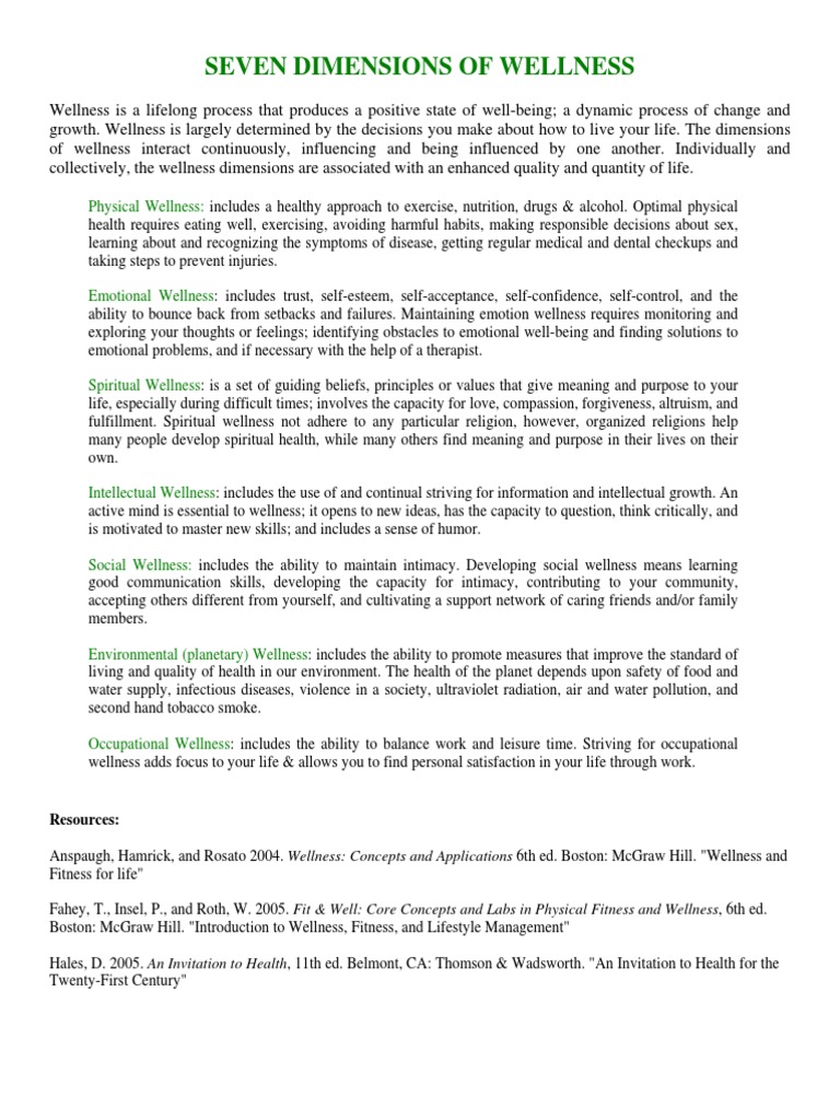 Seven Dimensions of Wellness | PDF | Self Esteem | Cognition