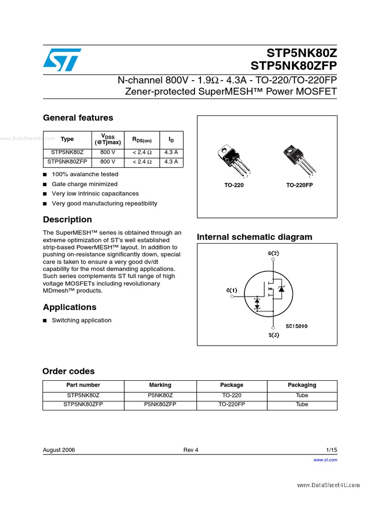 Stp5Nk80Z Stp5Nk80Zfp: N-Channel 800V - 1.9 - 4.3A - To-220/To-220Fp ...