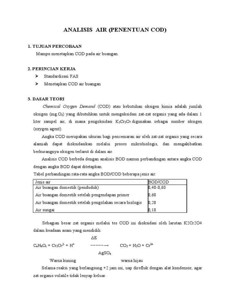 Analisis Air (Penentuan Cod) : 1. Tujuan Percobaan | PDF