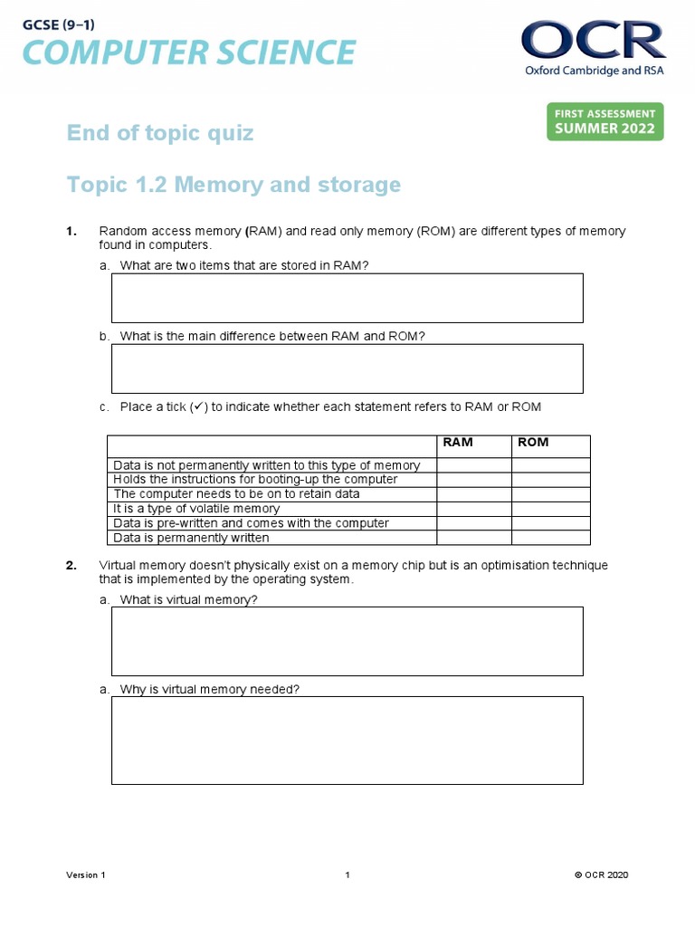 End of Topic Quiz Topic 1.2 Memory and Storage | PDF | Computer Data Storage | Random Access Memory