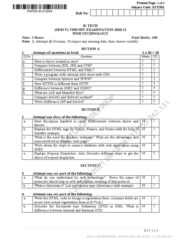 AKTU - QP20E290QP: Time: 3 Hours Total Marks: 100 | PDF | World Wide ...