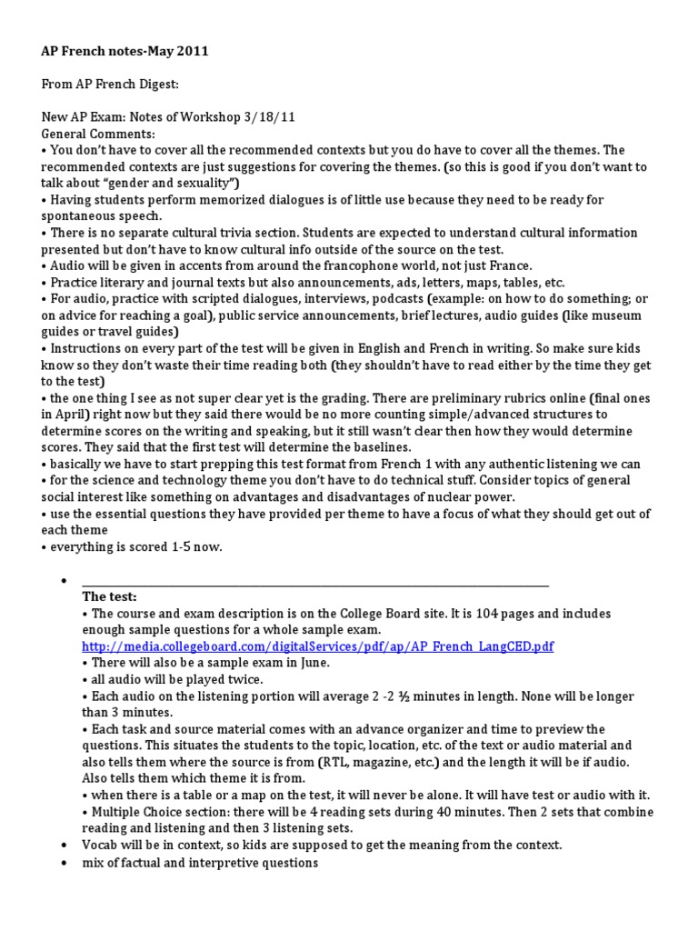 New AP French Notes 2011 | PDF | Essays | Multiple Choice
