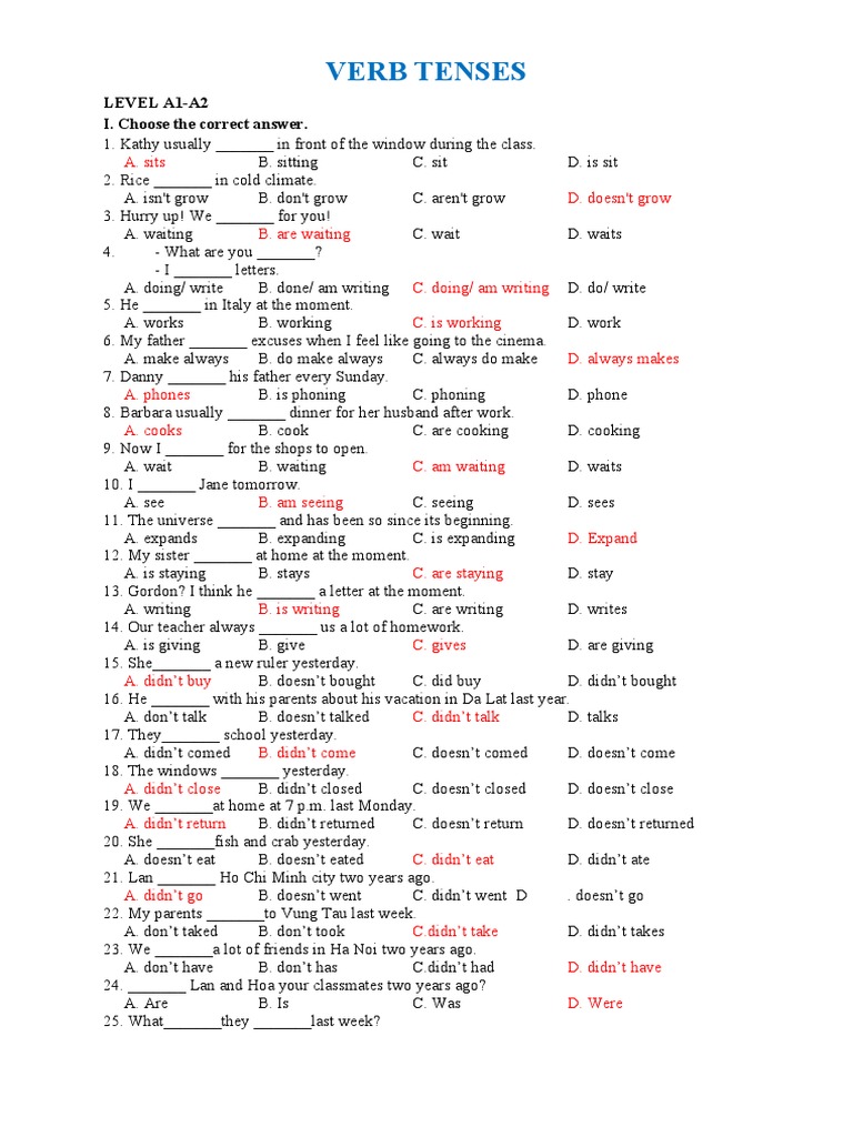 Verb Tenses: Level A1-A2 I. Choose The Correct Answer | PDF