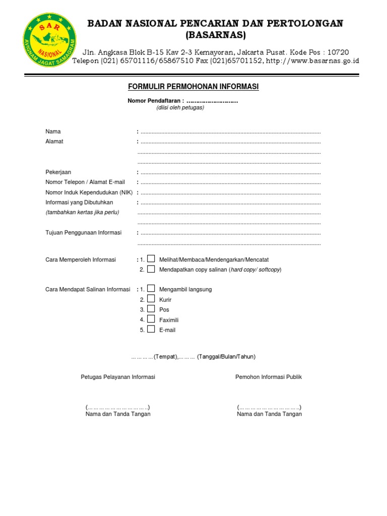 FORMULIR PERMOHONAN INFORMASI Basarnas | PDF