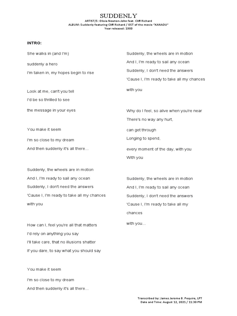 Suddenly Lyrics | PDF | Religion & Spirituality | Poetry