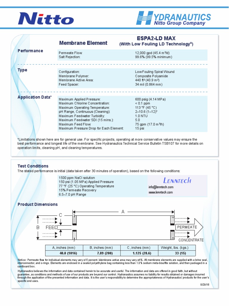 Hydranautics ESPA2 LD MAX L | PDF | Membrane | Sodium Chloride