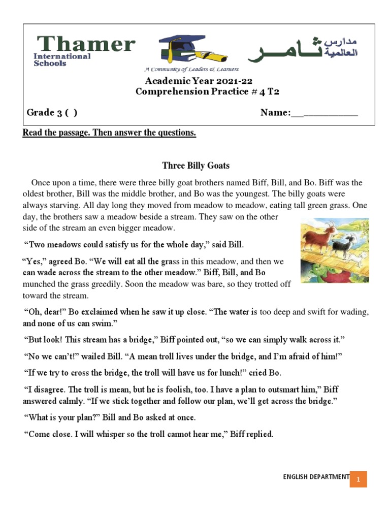 Academic Year 202 1 - 2 2 Comprehension Practice # 4 T2 Grade 3 Name ...