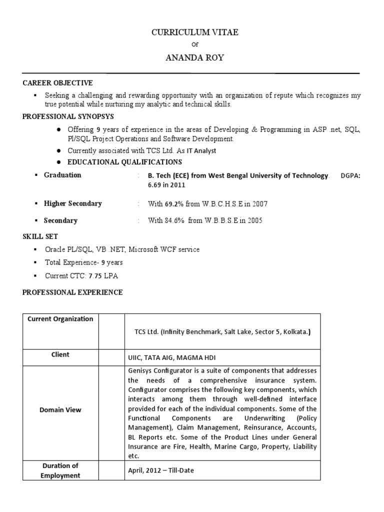 Curriculum Vitae Ananda Roy: Career Objective | PDF | Insurance | Computing