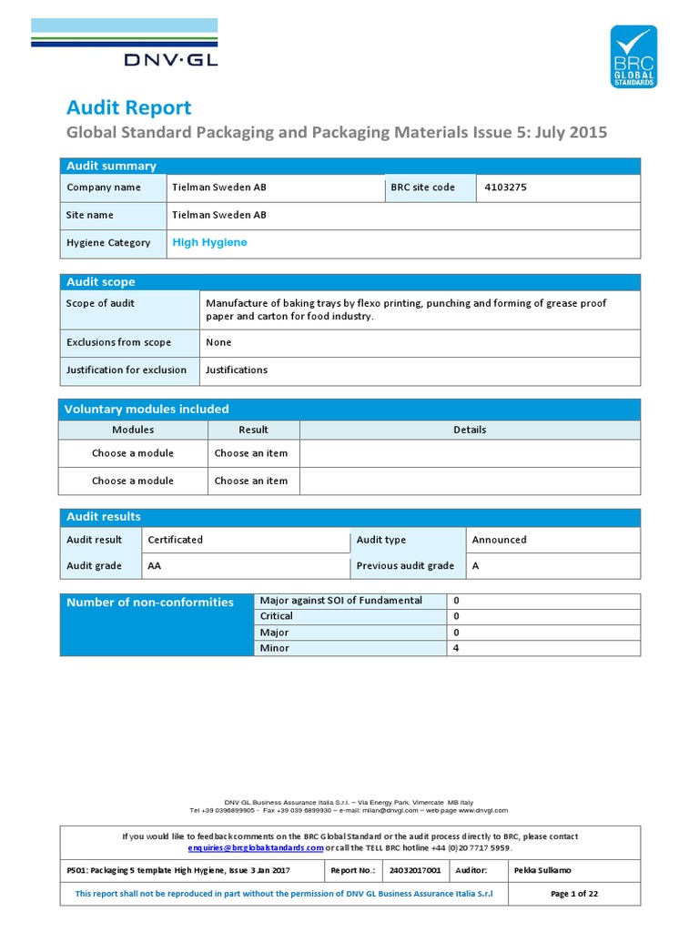 BRC Audit Report: Tielman Sweden AB | PDF | Audit | Specification ...