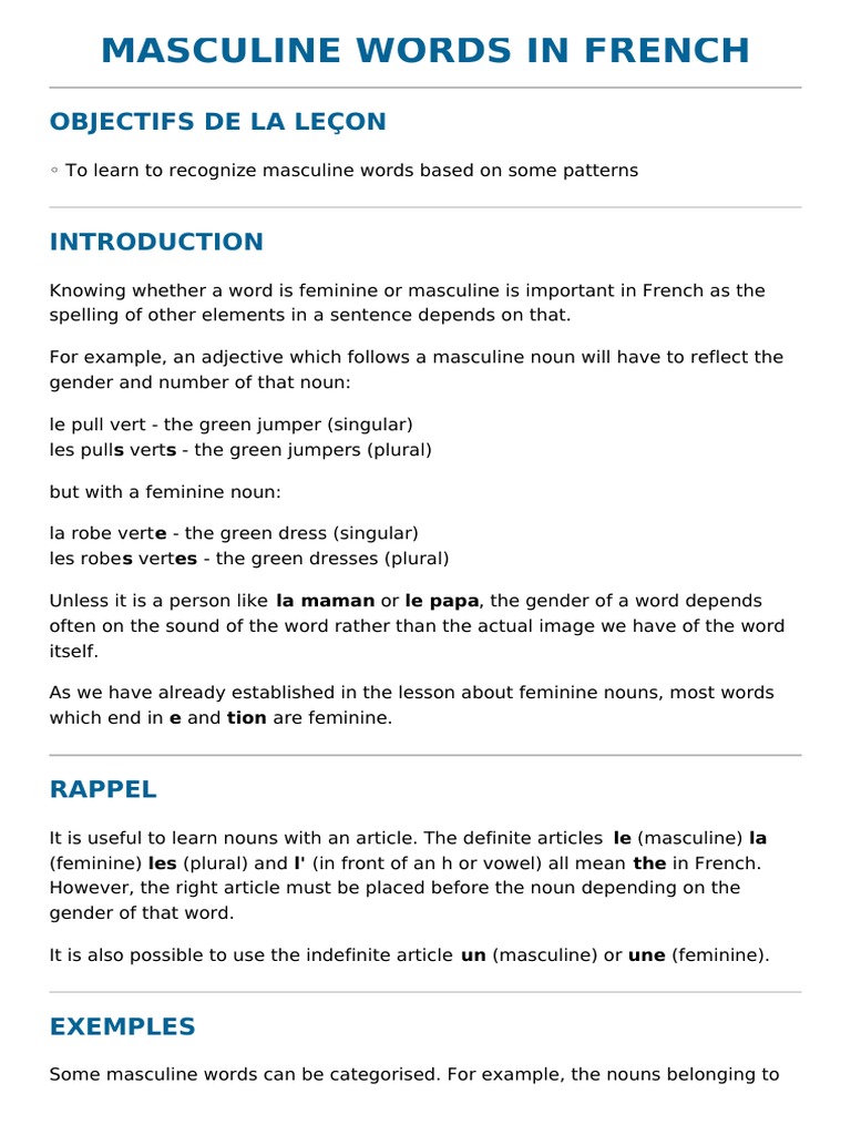 Masculine Words in French: Objectifs de La Leçon | PDF | Grammatical ...