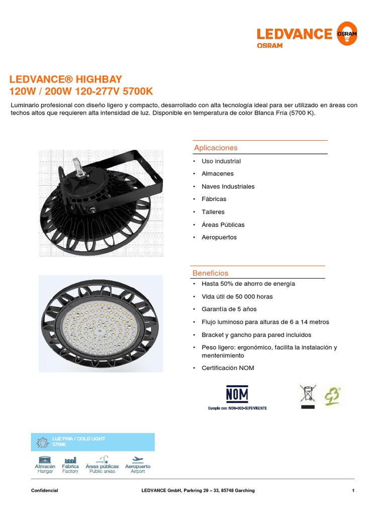 Ledvance Highbay 120-200W 120-277V 5700K | PDF | Diodo emisor de luz