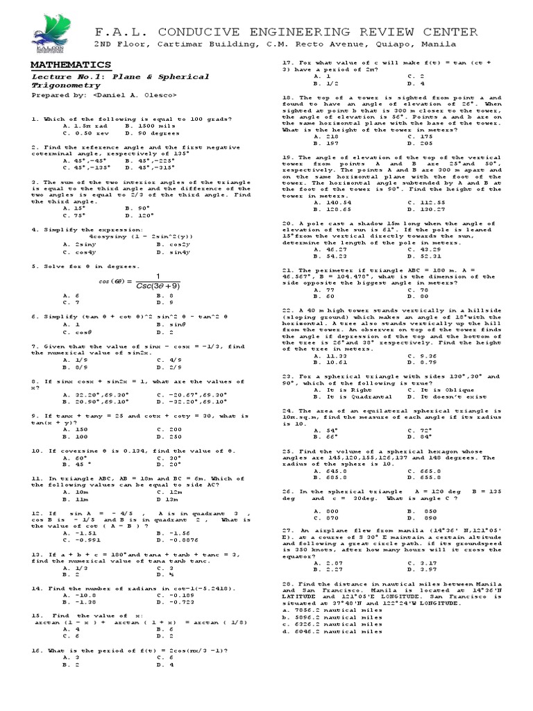 MSTE-Plane and Spherical Trigonometry | PDF | Trigonometric Functions ...