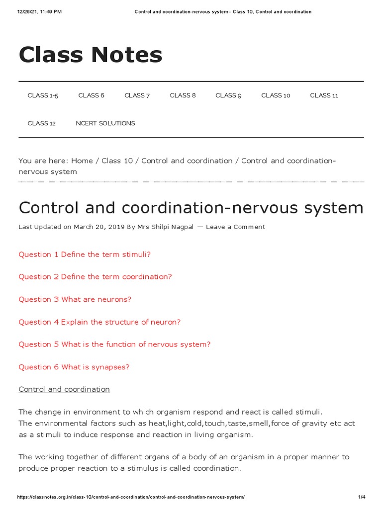 Control and Coordination-Nervous System - Class 10, Control and ...