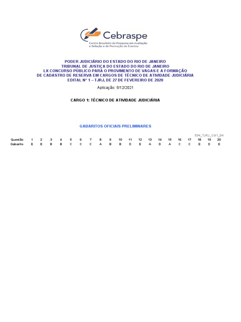 Cespe Cebraspe 2021 TJ RJ Tecnico Judiciario Gabarito | PDF Cespe Cebraspe 2021 TJ RJ Tecnico Judiciario Gabarito | PDF