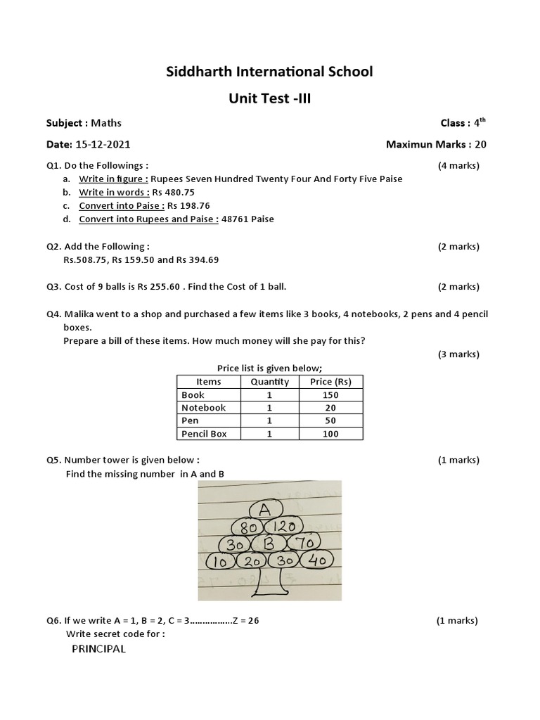 Class 4 Maths Unit Test III Paper | PDF
