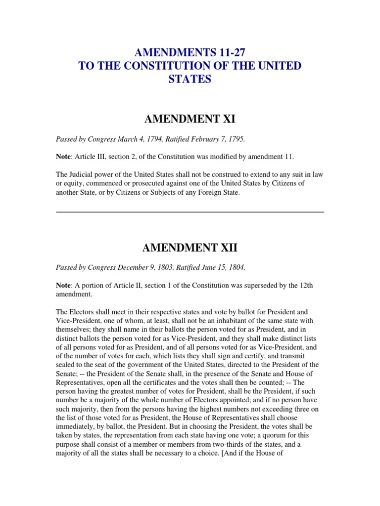 Amendments 11-27 of the U.S. Constitution | PDF | U.S. State | United ...
