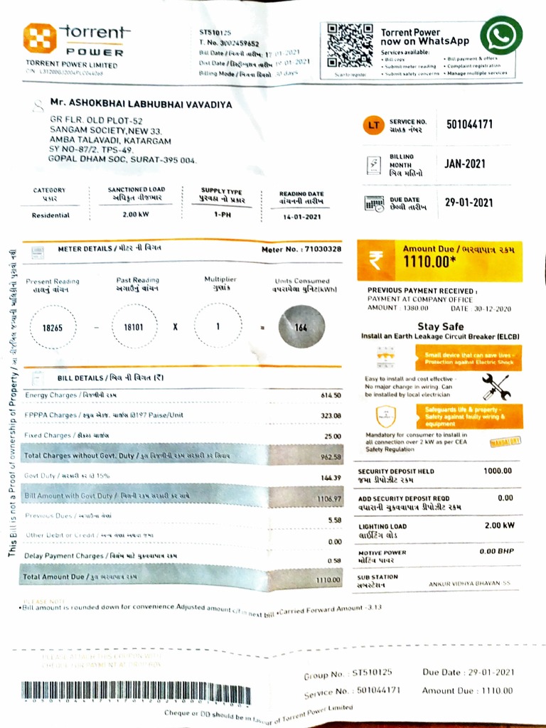 Understanding Your Monthly Electricity Bill from Torrent Power | PDF ...