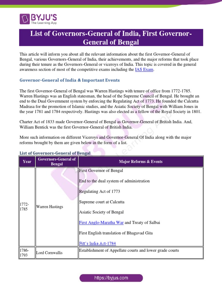 List of Governors-General of India, First Governor-General of Bengal ...