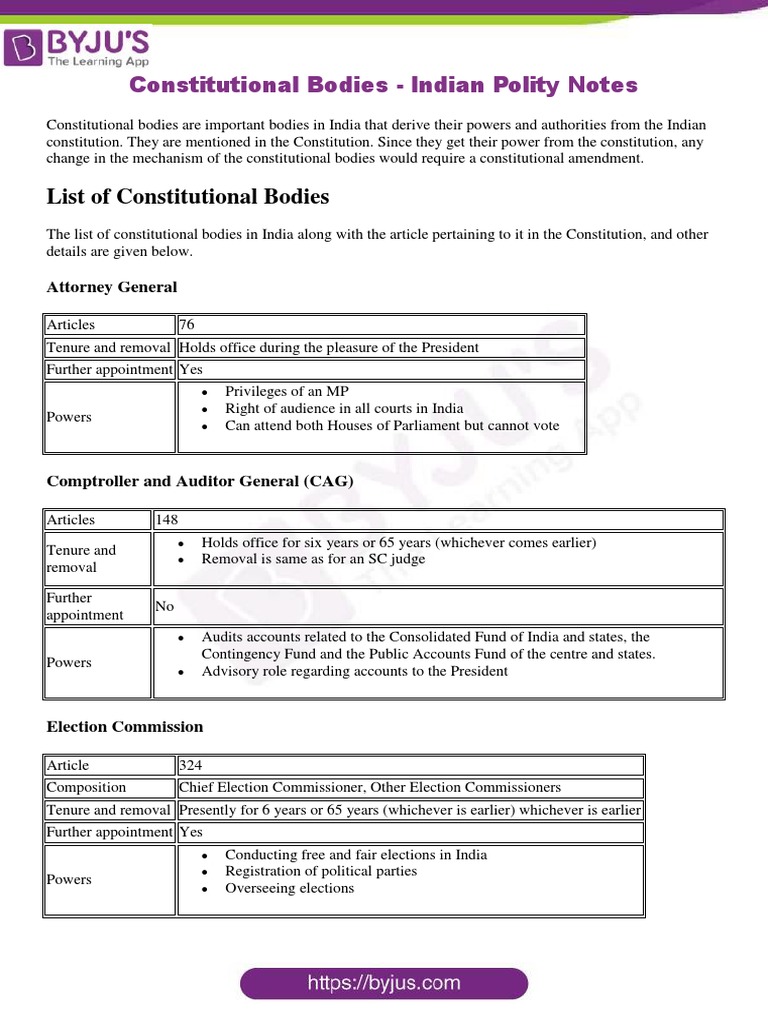 Constitutional Bodies - Indian Polity Notes | PDF | Policy | Government
