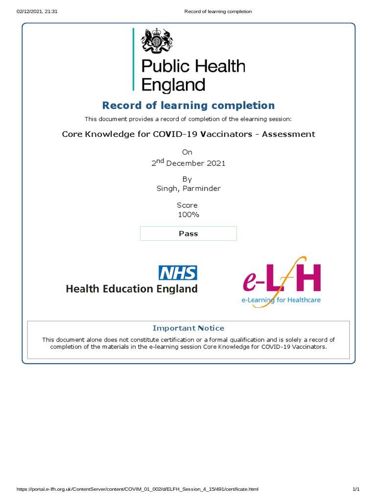 Record of Learning Completion | PDF