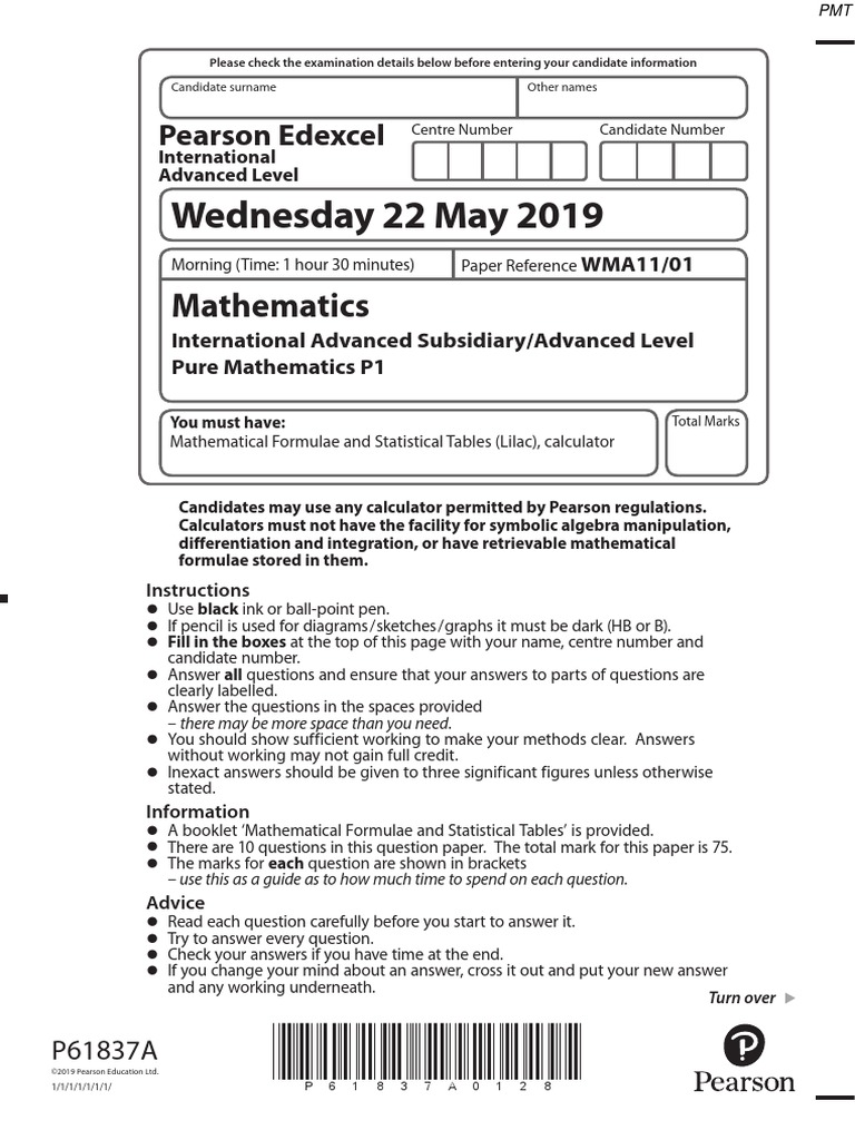 June 2019 (IAL) QP - P1 Edexcel | PDF | Mathematics | Mathematical Analysis