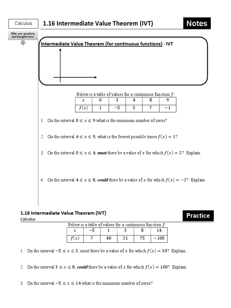 1.16 Intermediate Value Theorem (IVT) : Notes | PDF | Function ...