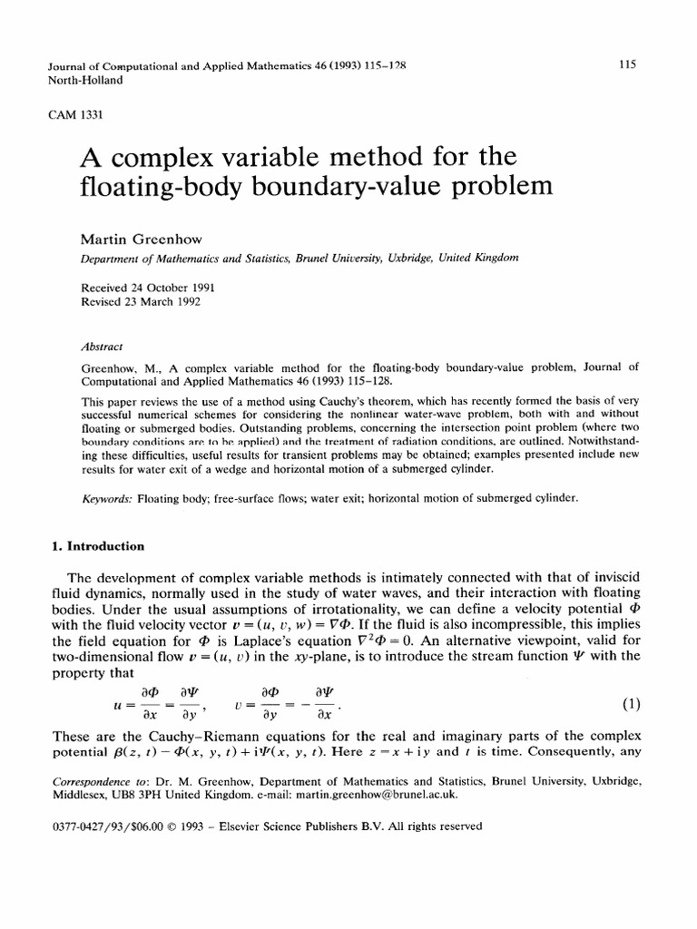 A Complex Variable Method For The Floating-Body Boundary-Value Problem | PDF | Fluid Dynamics ...