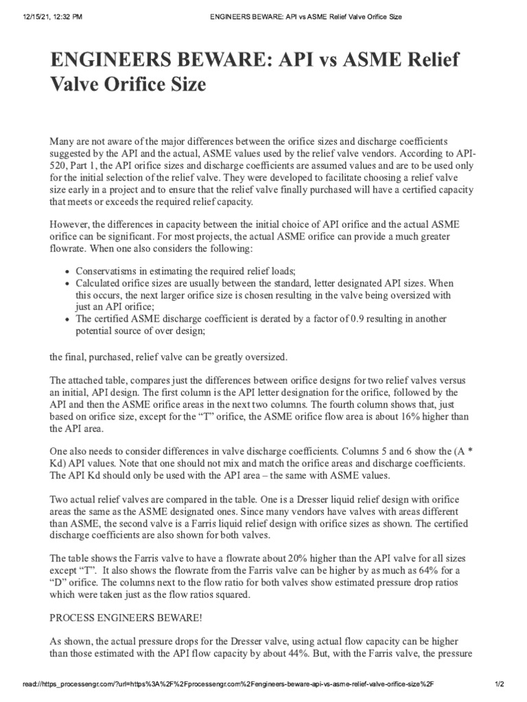 Engineers Beware - API Vs Asme Relief Valve Orifice Size | PDF