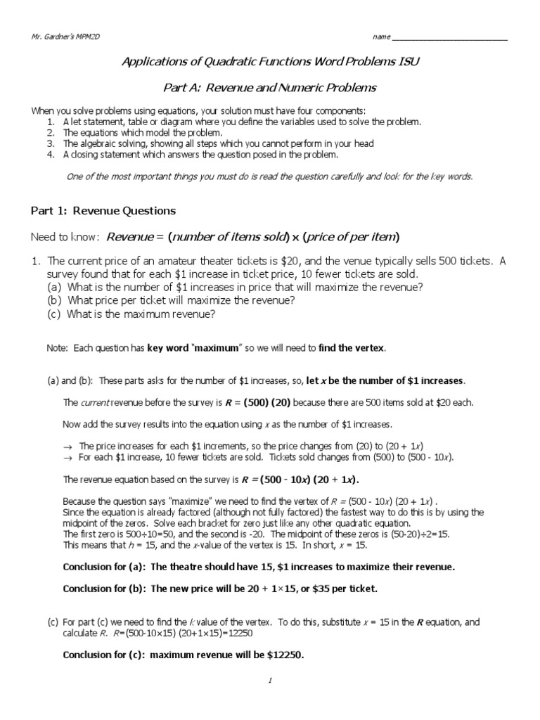 Word Problems Practice Quadratics Functions 03122021 084003pm | PDF ...