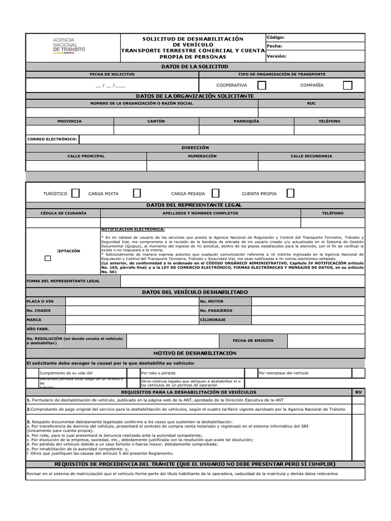 Formulario de Deshabilitacion de Vehiculo | PDF | Transporte