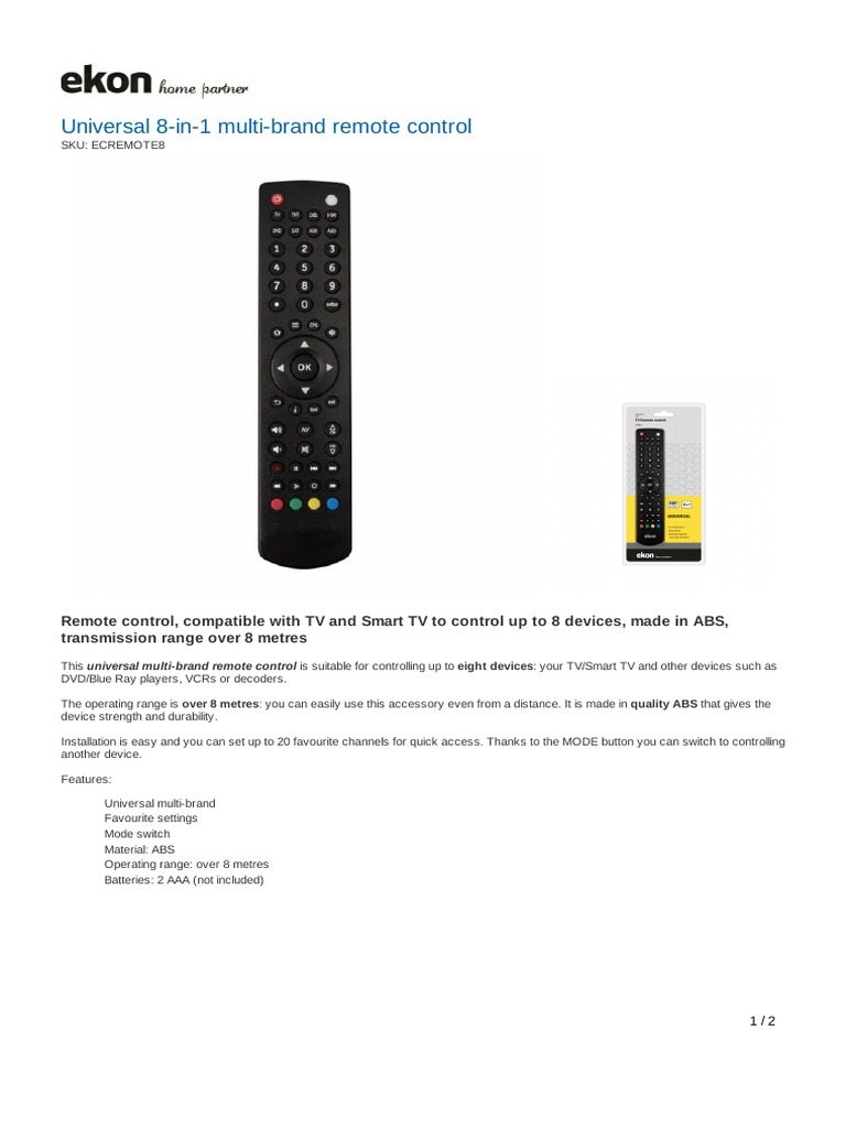 Universal 8-In-1 Multi-Brand Remote Control | PDF