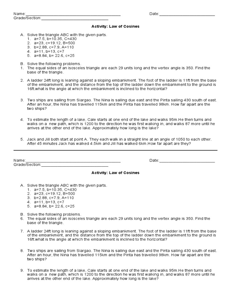 Worksheet on Solving Triangles and Geometry Problems Using the Law of ...
