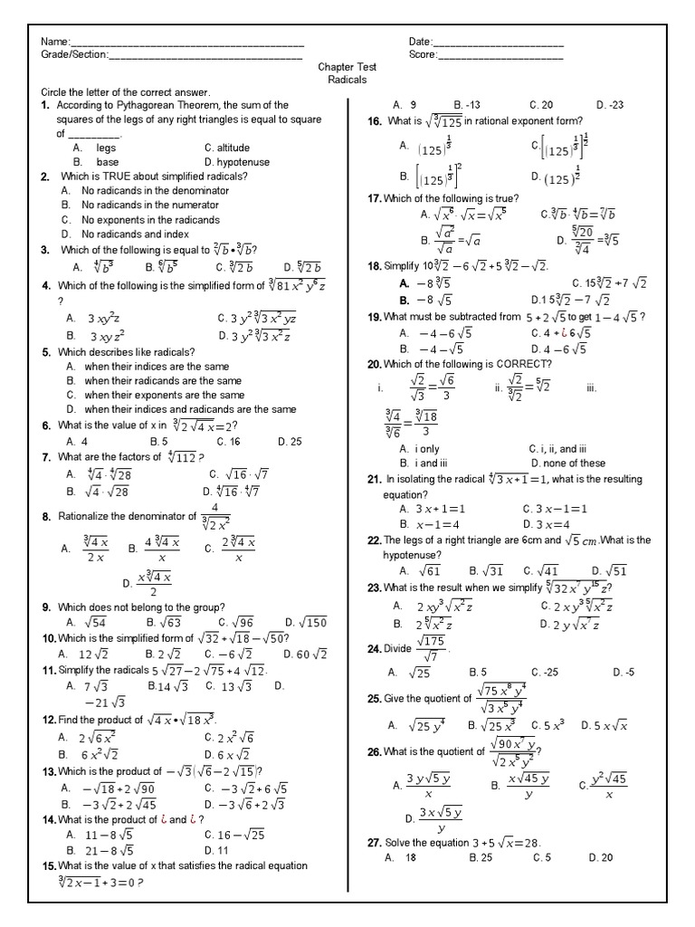 Chapter 12 Geometry: Radicals Test | PDF | Mathematical Concepts ...