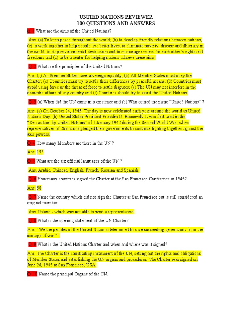 United Nations Reviewer 100 Questions and Answers | PDF | International ...