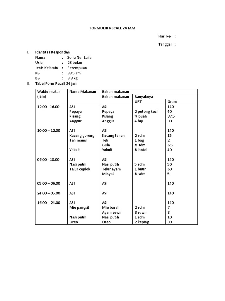 Formulir Recall 24 Jam Bayi | PDF