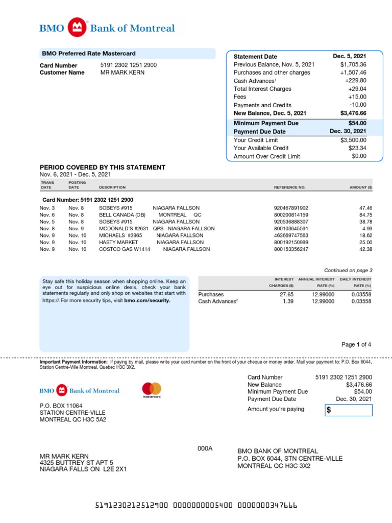 BMO Preferred Rate Mastercard: Period Covered by This Statement | PDF ...