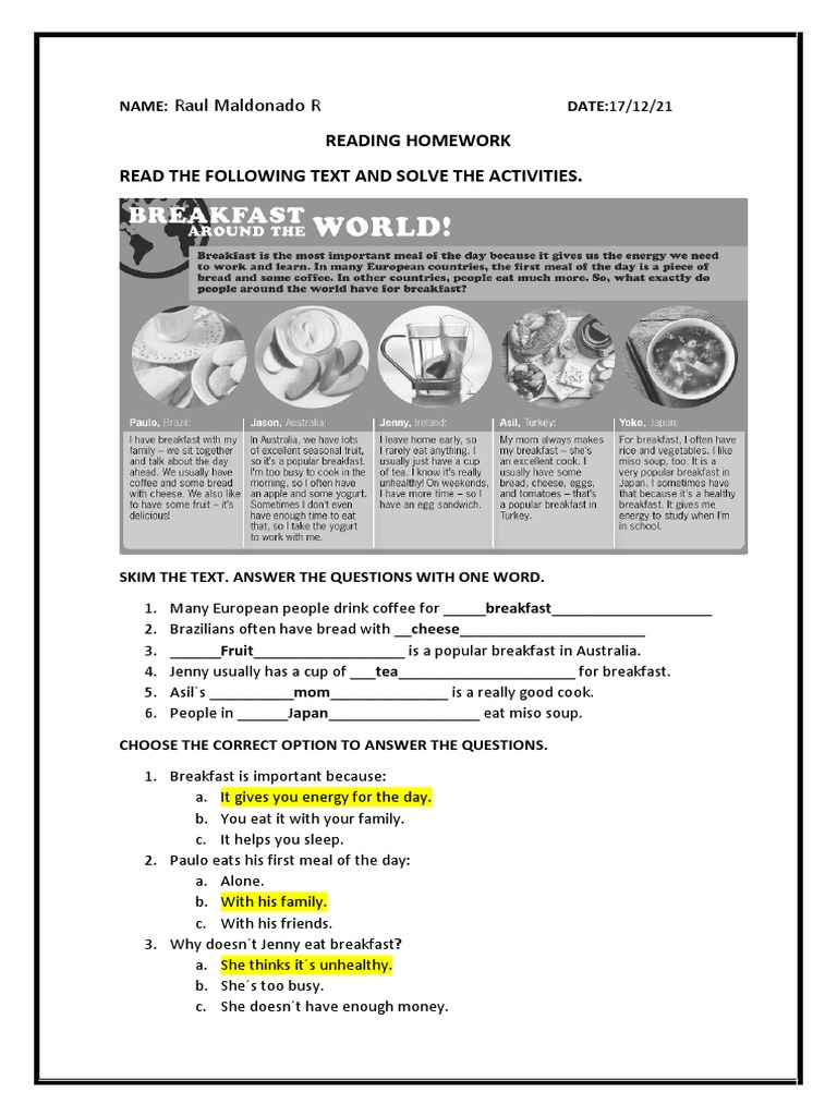Reading Homework Read The Following Text and Solve The Activities | PDF ...