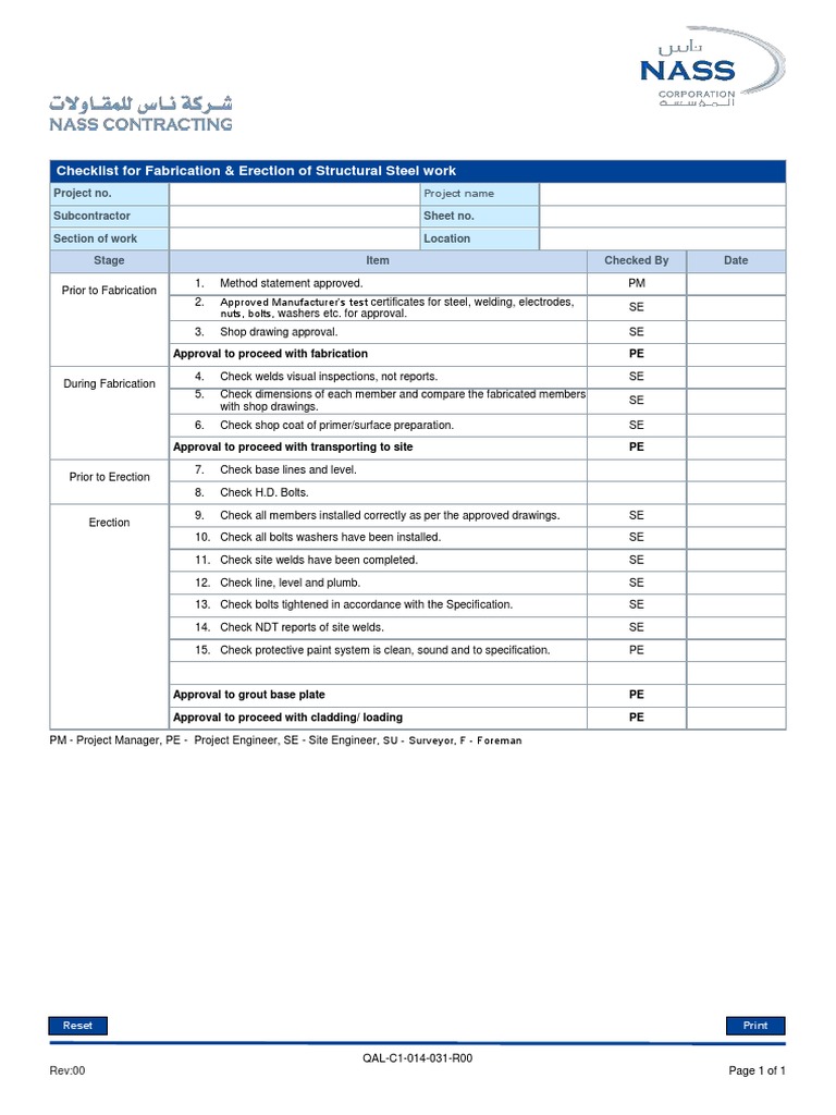 Checklist For Fabrication & Erection of Structural Steel Work | PDF ...