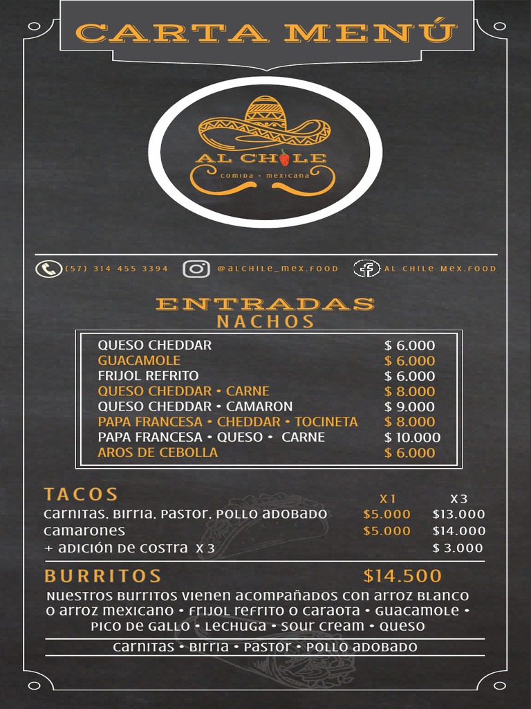 Al Chile Cartas Menú Digital | PDF | Cocina de las Americas | Comida y ...