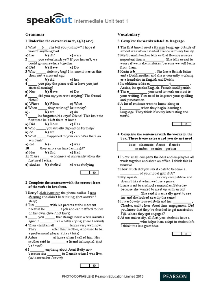 Intermediate Unit Test 1 Grammar Vocabulary PDF English Language