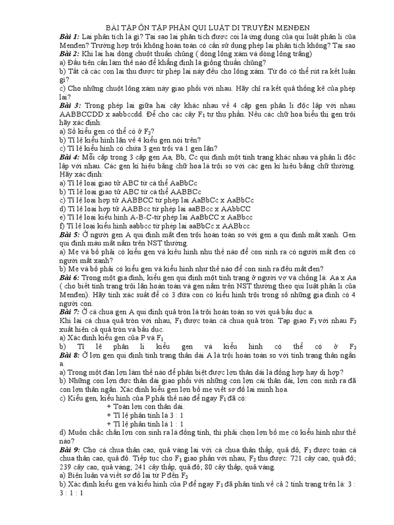 Bai Tap On Tap Phan Qui Luat Di Truyen Menden | PDF