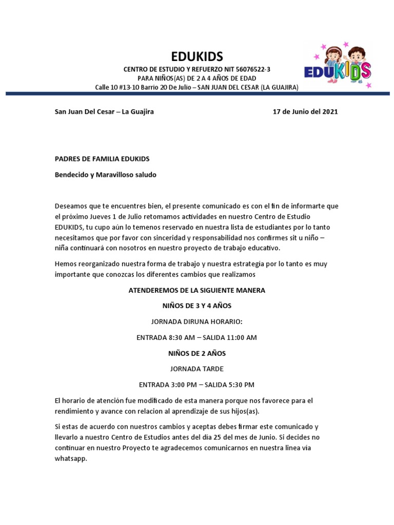 Carta Informativa Padres Edukids | PDF