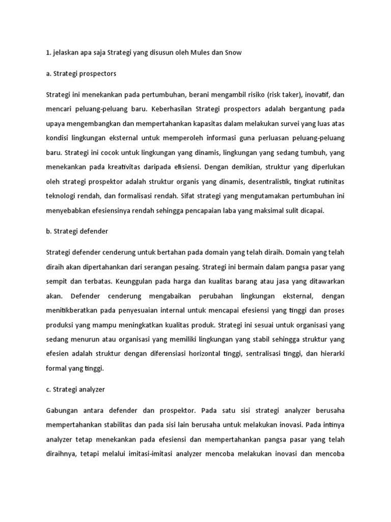 Strategi Mules & Snow: Prospector, Defender, Analyzer, Reactor | PDF